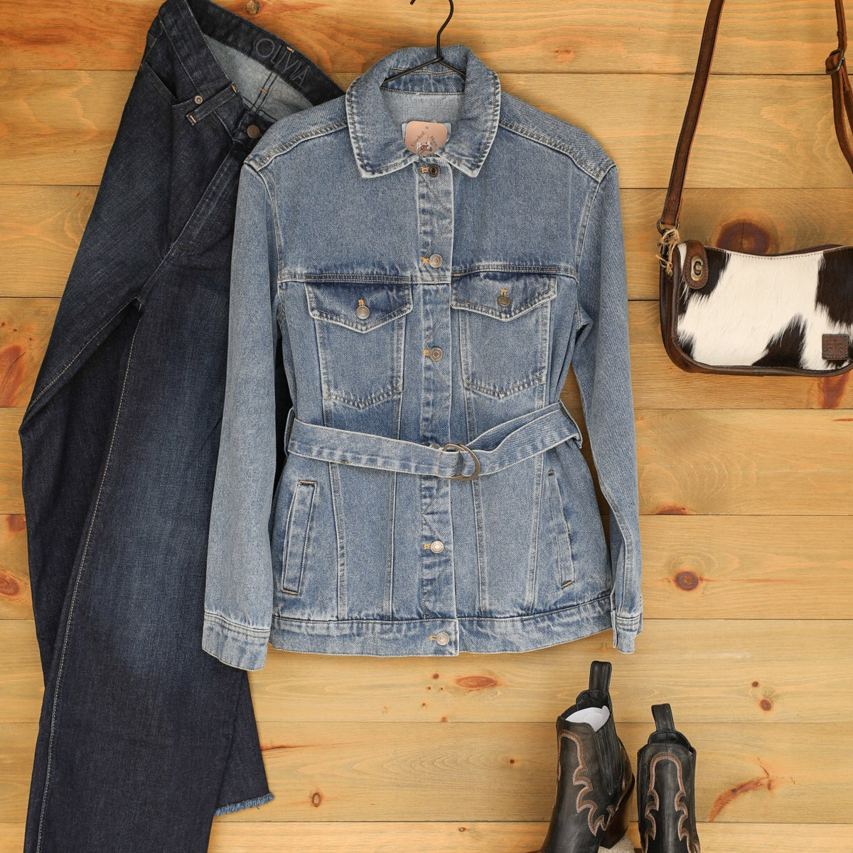 Nevada Light Wash Button Front Belted Denim Jacket | Crooked Horn Co ...