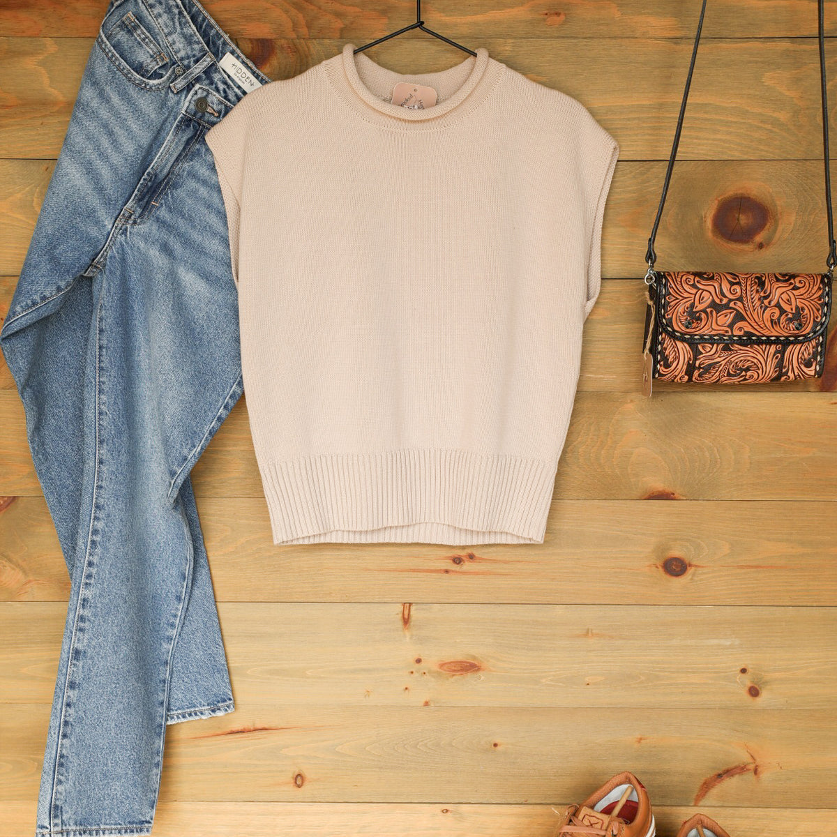 Huron Mock Neck Cap Sleeve Taupe Top | Crooked Horn Company
