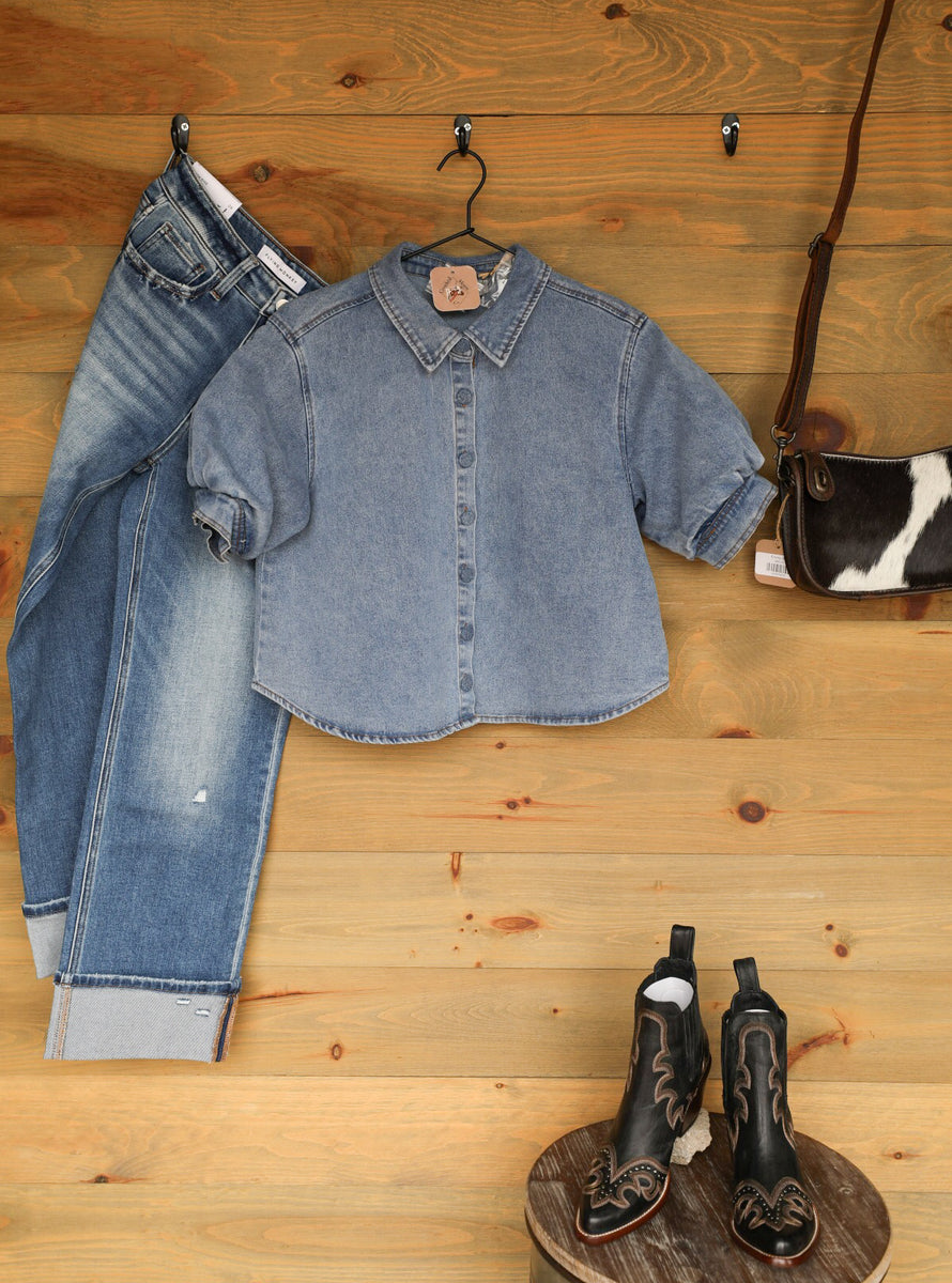 Redfield Puffed Short Sleeve Denim Top | Crooked Horn Company