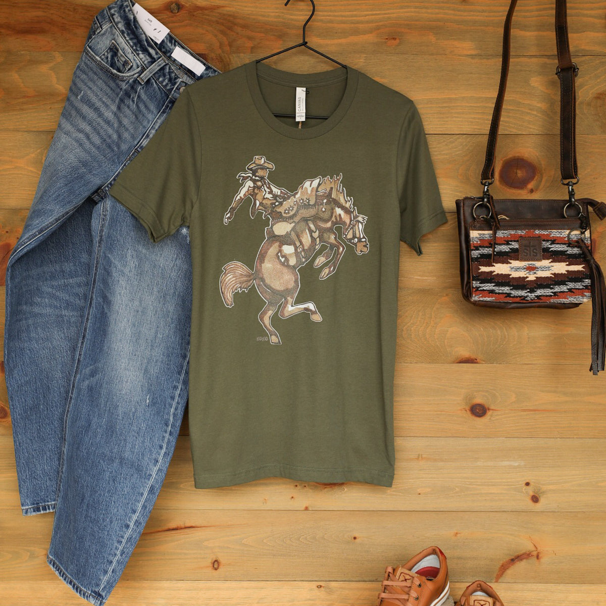 Western Bronc Military Green Graphic Tee | Crooked Horn Company