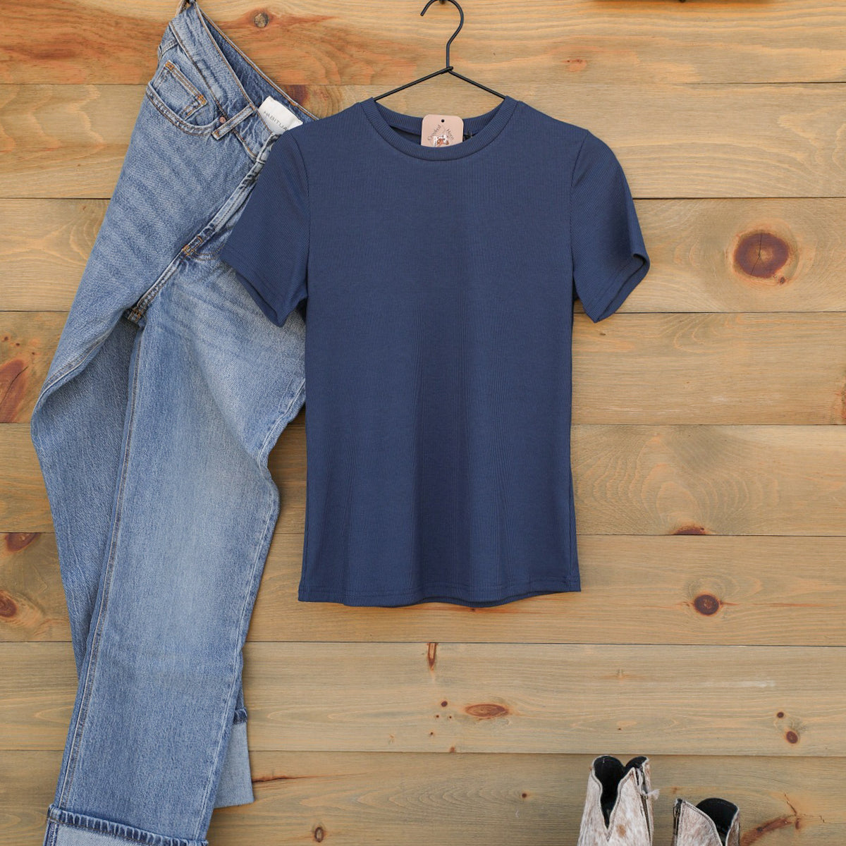Alice Short Sleeve Ribbed Blue Indigo Top | Crooked Horn Company