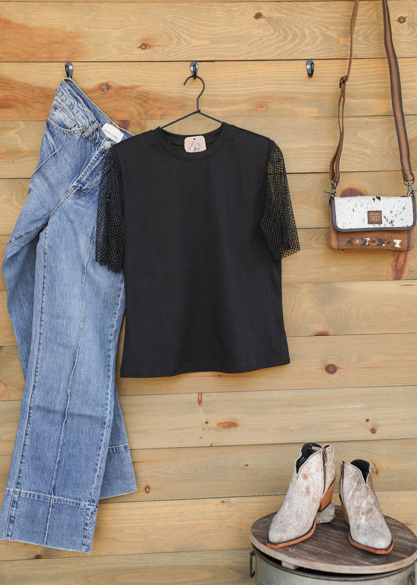 Soft Geraldine Mesh Short Sleeve Black Top | Crooked Horn Company