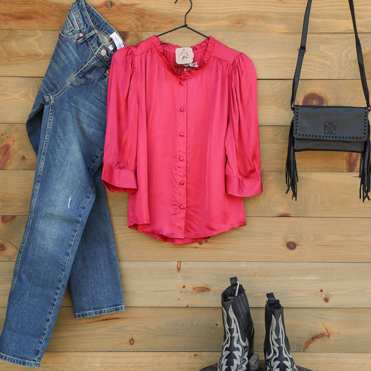 Nima 3/4 Cuffed Sleeve Ruffled Neckline Granada Top | Crooked Horn Co ...