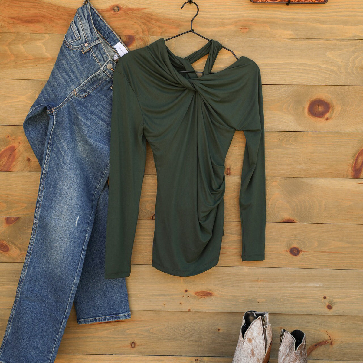 Three Forks Long Sleeve Off One Shoulder Green Top | Crooked Horn Co ...